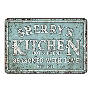 Personalized Vintage Distressed Look Mint Kitchen Seasoned with Love Metal Room Sign (8x12 Inches)