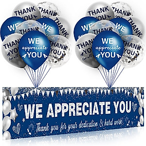 We Appreciate You Decorations Navy Blue Siver We Appreciate You Banner with 18 Balloons Thank You Yard Sign for Teacher Employee Staff Poaster Doctors Nurse Volunteer Appreciation Week Party Decor