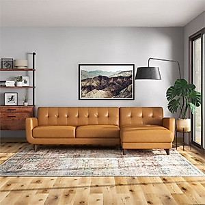 ASHCROFT Elva Mid Century L-Shaped Genuine Leather Right Facing Chaise Sectional, Light Brown Tufted Tight Back Sectional Sofa for Living Room Waiting Area Office Apartment Dorm Home, Tan