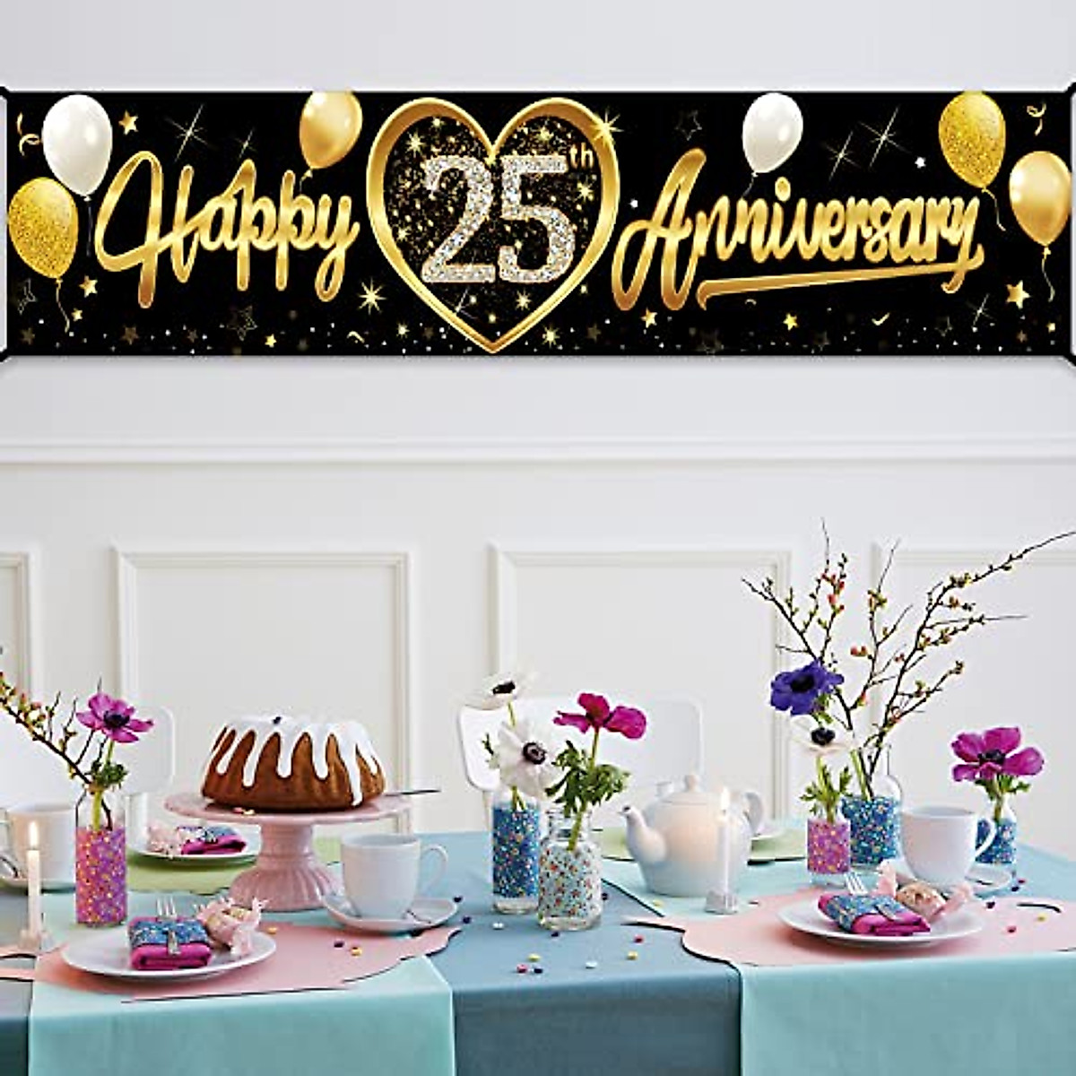 Kauayurk Happy 25th Wedding Anniversary Banner Decorations, Black Gold 25th Anniversary Sign Party Supplies, 25th Wedding Anniversary Decor Photo Booth for Outdoor Indoor