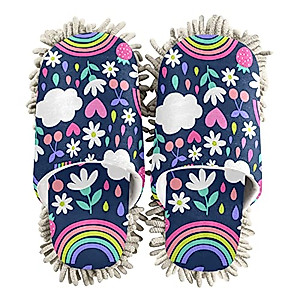 Kigai Microfiber Cleaning Slippers Cute Floral and Rainbow Washable Mop Shoes Slipper for Men/Women House Floor Dust Cleaner, Size L