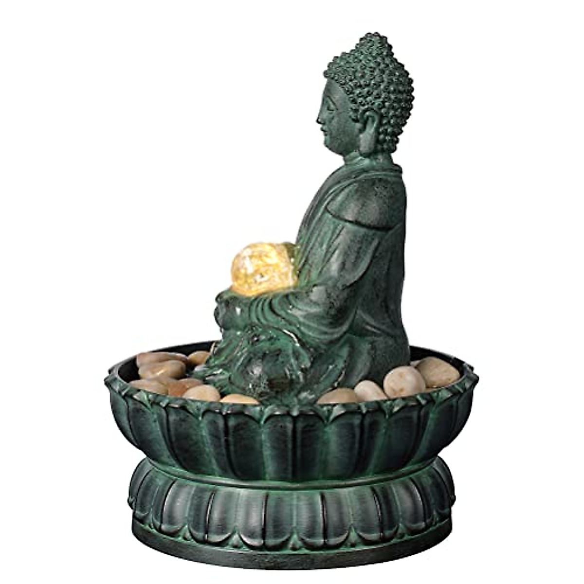 Haobos Indoor Tabletop Fountain Exquisite Sitting Buddha Fountains Meditation Desk Water Fountain Decorative Zen Fountain w/Glass Rolling Ball/LED/Stone Office and Home Decor 9.4" (21127A)