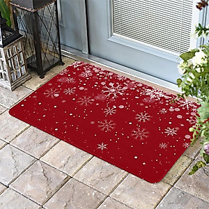 Christmas Bath Rugs White Snowflake Sponge Doormat Absorbent Non Slip Backing Durable Soft Flannel Mat Red Christmas Memory Foam Mats Carpet for Bathroom Kitchen, 18 x 30 inch