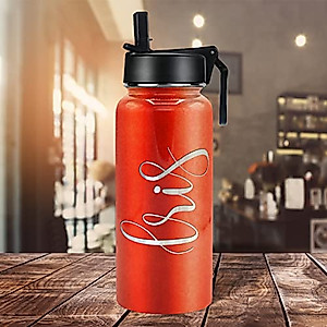 Personalized Water Bottle with Straw Lid on Orange Glitter for Gym Engraved Custom Women Name 32 oz Modern Insulated Stainless
