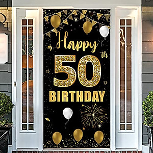 50th Birthday Door Banner Backdrop, Black Gold Happy 50th Birthday Decorations Women Men, 50 Years Birthday Photo Booth Props, Fifty Birthday Party Sign Decor for Outdoor Indoor Sturdy, Vicycaty
