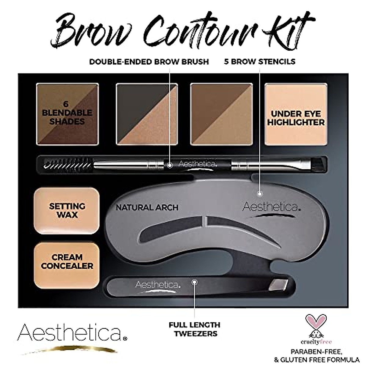 Aesthetica Brow Contour Kit 16-Piece Eyebrow Makeup Palette Set 6 Eyebrow Powders, 5 Eyebrow Stencils, Spoolie/Brush Duo, Tweezers, Eye Brow Wax, Highlighter - Unique Gifts For Women For Her Birthday