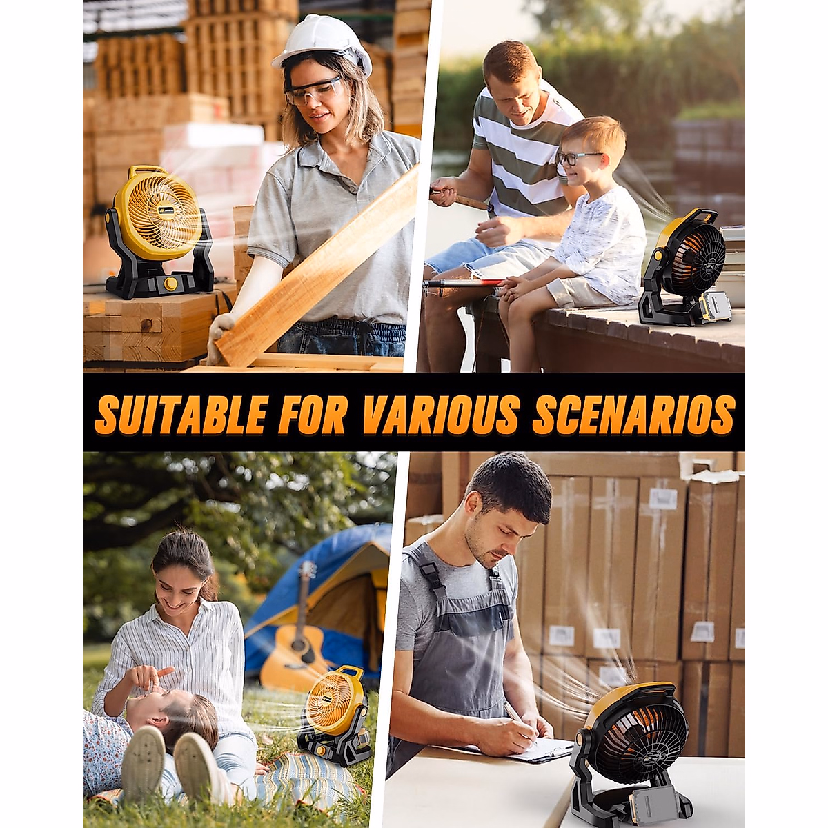 HEINPRO Battery Operated Fan for Dewalt 20V Max Battery with AC Adapter, Up to 650 CFM Portable Fan, Variable Speed Battery Powered Fan Low Noise 30dB Cordless Fan, Jobsite Camping Fan (Only Tool)