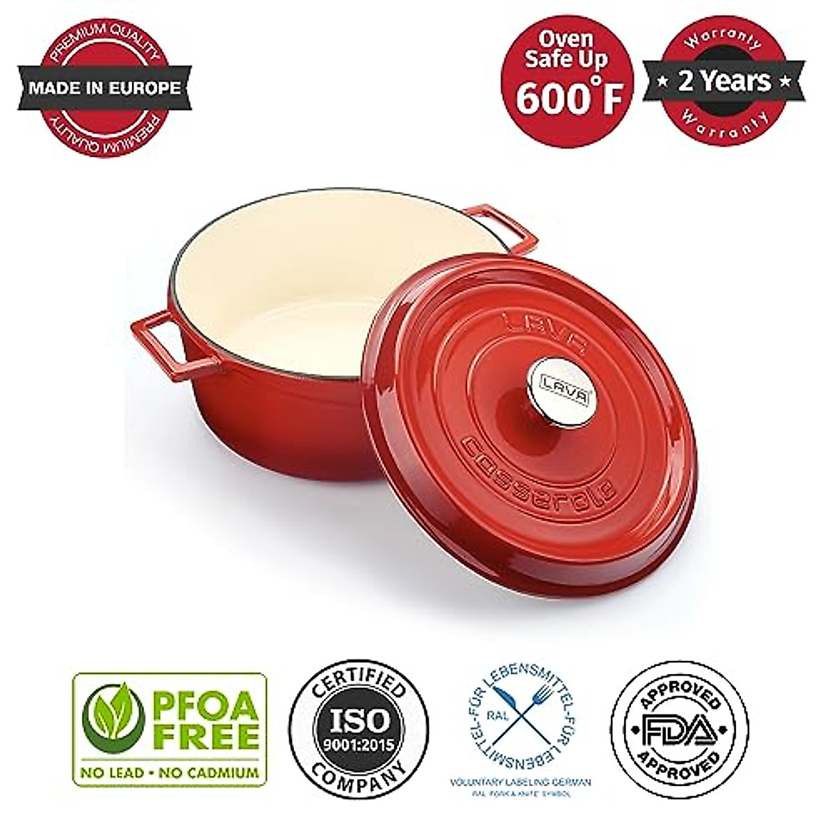 LAVA 10 Quarts Cast Iron Dutch Oven: Multipurpose Stylish Round Shape Dutch Oven Pot with Glossy Sand-Colored Three Layers of Enamel Coated Interior with Trendy Lid (Red)