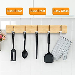 Anjuer Coat Hanger Wall Mounted Clothes Rack 5 Retractable Hooks Heavy Duty Clothes Hat Holder Bamboo Board Silver Hooks