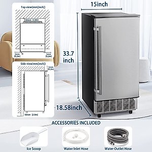 Antarctic Star Ice Maker 115V 60Hz Ice Scoop Handle Water Inlet Pipe Draining Pipe Quick Connector 40 Square Ice Cubes in 20 Minutes 80lbs in 24H 24-Hour Timer Self-Cleaning, Silver