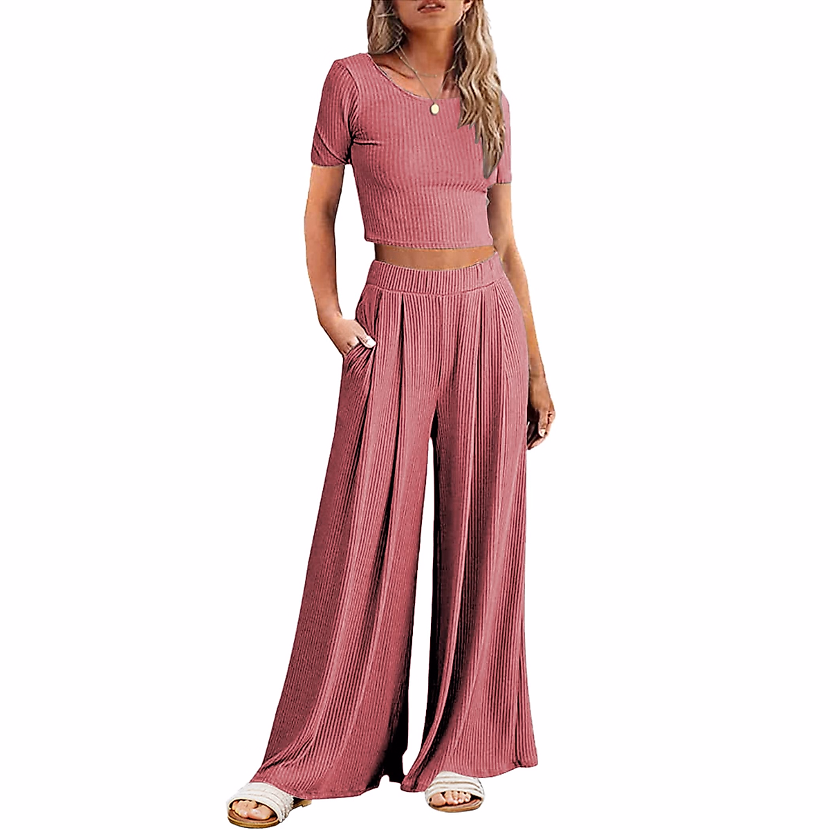 Ekouaer Women's 2 Piece Lounge Sets Short Sleeve Pajama Set Ribbed Knit Crop Top Wide Leg Pants Loungewear,Old Rose,L