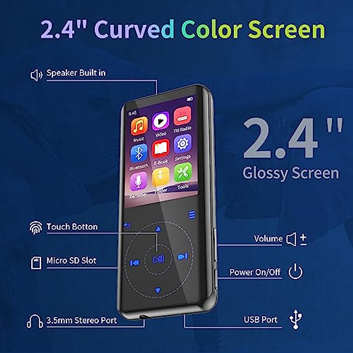 RUIZU 64GB MP3 Player with Bluetooth 5.3: Portable Music Player with Speaker, FM Radio, Voice Recorder, HiFi Lossless Digital Audio Video Playback, 2.4" Curved Screen, Touch Buttons, Supports 128GB