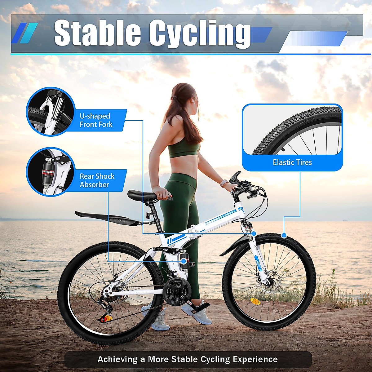 RibasuBB Premium Mountain Bikes in 26inch - 21 Speeds High Carbon Steel Lightweight Folding Bike for Women and Men - Front and Rear Disc Brakes - Full Suspension（Blue）