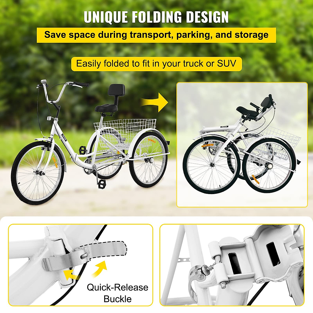 Bkisy Tricycle Adult 24'' Wheels Adult Tricycle 1-Speed 3 Wheel Bikes White for Adults Three Wheel Bike for Adults Adult Trike Adult Folding Tricycle Foldable 3 Wheel Bike for Adults (White)