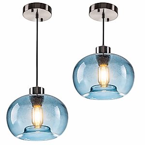 HASUN 2 Pack Blue Pendant Lights Kitchen Island, 9.2 Inch Pumpkin Farmhouse Seeded Glass Pendant Lights Fixture, Bedroom Pendant Light for Office Cafe Pubs Brushed Nicke with Bulb