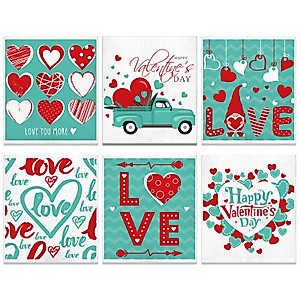 Whaline Valentine's Day Swedish Kitchen Dishcloth Blue Red Dish Towel Truck Love Heart Gnome Prints Valentine Hand Drying Tea Towel for Wedding Anniversary Cooking Baking, 6.7 x 7.7 in, 6Pcs