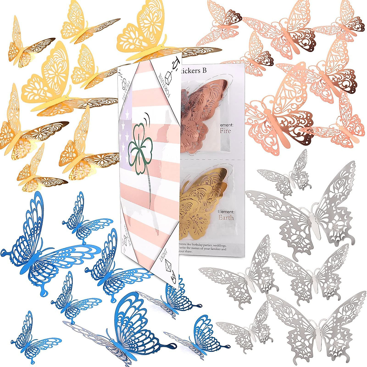 Butterfly Wall Decor 48pcs 3D Stickers Decoration, for Kids Baby Bedroom Paper Butterflies Gold Friendship Stickers Decor Teachers Office Classroom Party for Christmas Gifts Friends Stickers Set.
