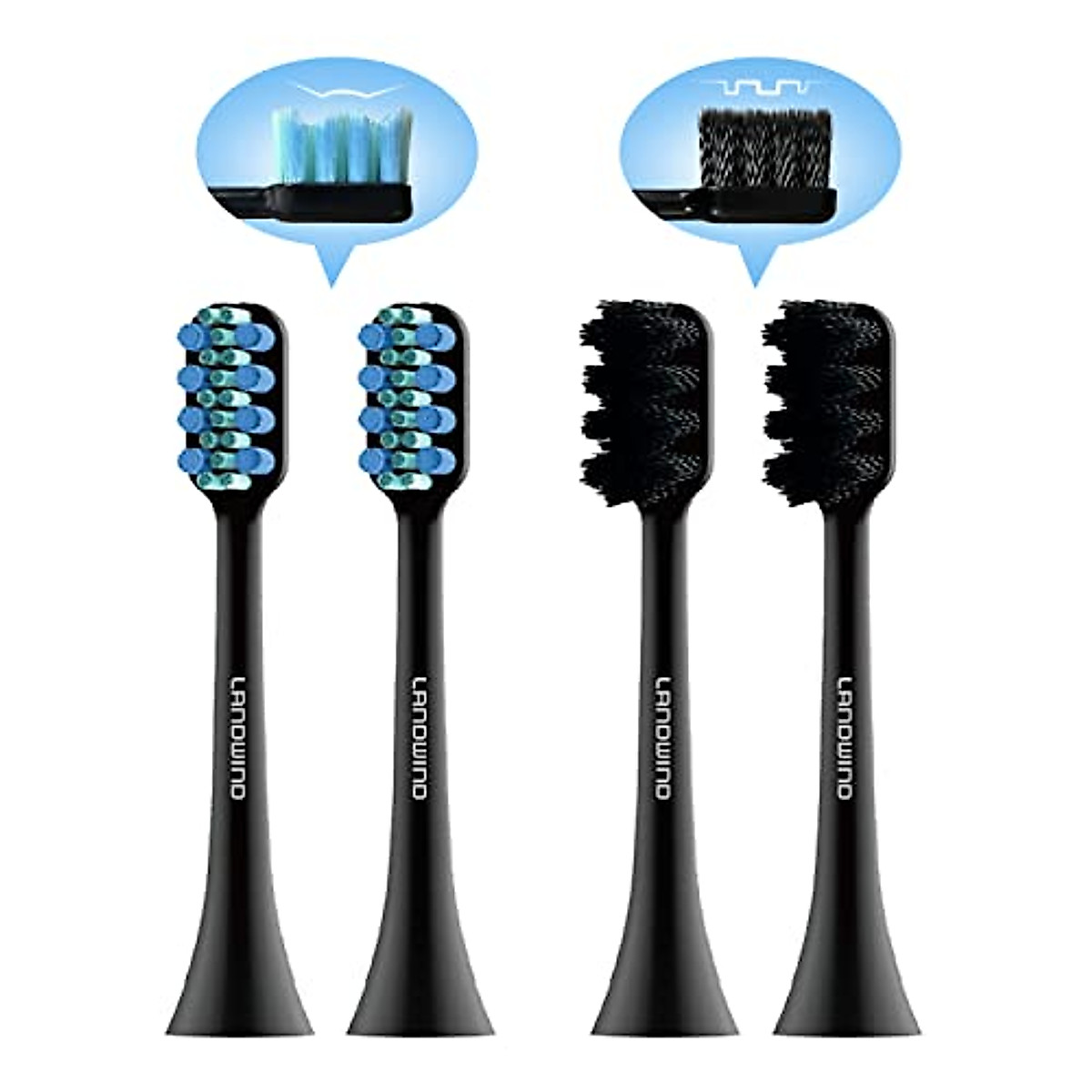 LANDWIND replacement toothbrush heads, fit Sensitive Gums and Teeth, Dupont Nylon Harmless for LANDWIND Sonic Electric Toothbrush, 2 Pro+2 Comfy Electric Toothbrush Heads -4 Pack (Black)