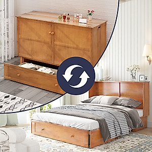 ijuicy Queen Size Murphy Bed, Queen Murphy Cube Cabinet Chest Bed with 3 Level Folding Memory Foam Mattress & USB Charging Station& Large Drawers (Russet Brown,Poplar)