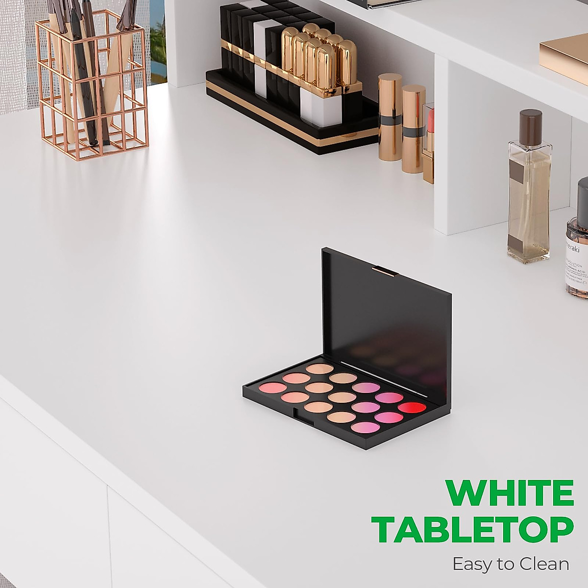 GreenForest Vanity Desk with 2 Drawers, White Makeup Desk with 3 Storage Spaces, 40 inch Small Desk with Gold Metal Legs, Modern Home Office Desk for Kids, Bedroom (No Mirror)