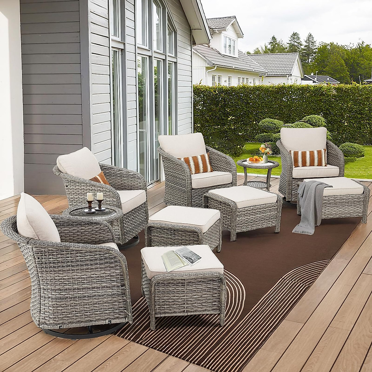 LUMIINOFAMI 10 Piece Patio Furniture Set, Patio Swivel Glider Chairs Set with Side Table and Ottoman, Barrel-Shaped Wicker Patio Bistro Set Swivel Rocker Outdoor Chairs for Patio Deck Porch