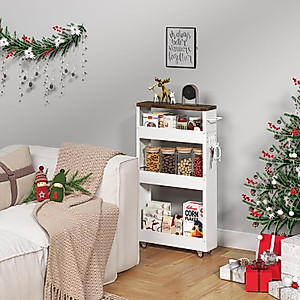 CHLORYARD Slim Storage Cart, 4-Tier Kitchen Rolling Cart Narrow Storage Cabinet with Handle & Wood Top, Metal Rolling Shelf Unit for Kitchen Bathroom Laundry Small Places(5 in Width/White & Brown)