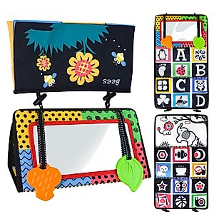DASIGJID Tummy Time Mirror Baby Toys - High Contrast 3D Activity Montessori Soft Crinkle Foldable Sensory Toy with Infant Silicone Teether for 0-3 Years Babies Boys Girls