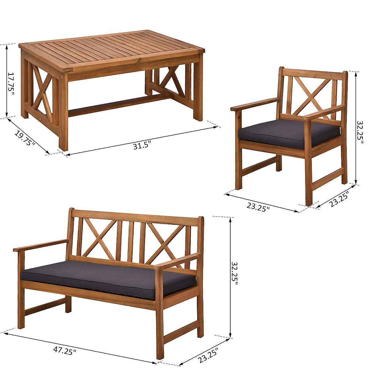 Outsunny 4 Piece Acacia Wood Outdoor Patio Furniture Set with 2 Armchairs, 1 Sofa, & 1 Coffee Table, Cushions Included