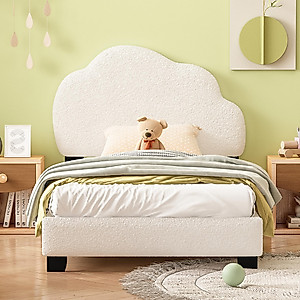 Merax Twin Size Upholstered Platform Bed Frame Boucle Fabric with Cloud-Shaped Headboard for Boys and Girls,White