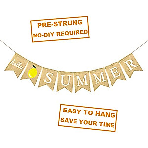 FAKTEEN Hello Summer Burlap Banner with Lemon Bunting for Hawaiian Summer Party Supplies Garland Home Mantel Fireplace Decorations