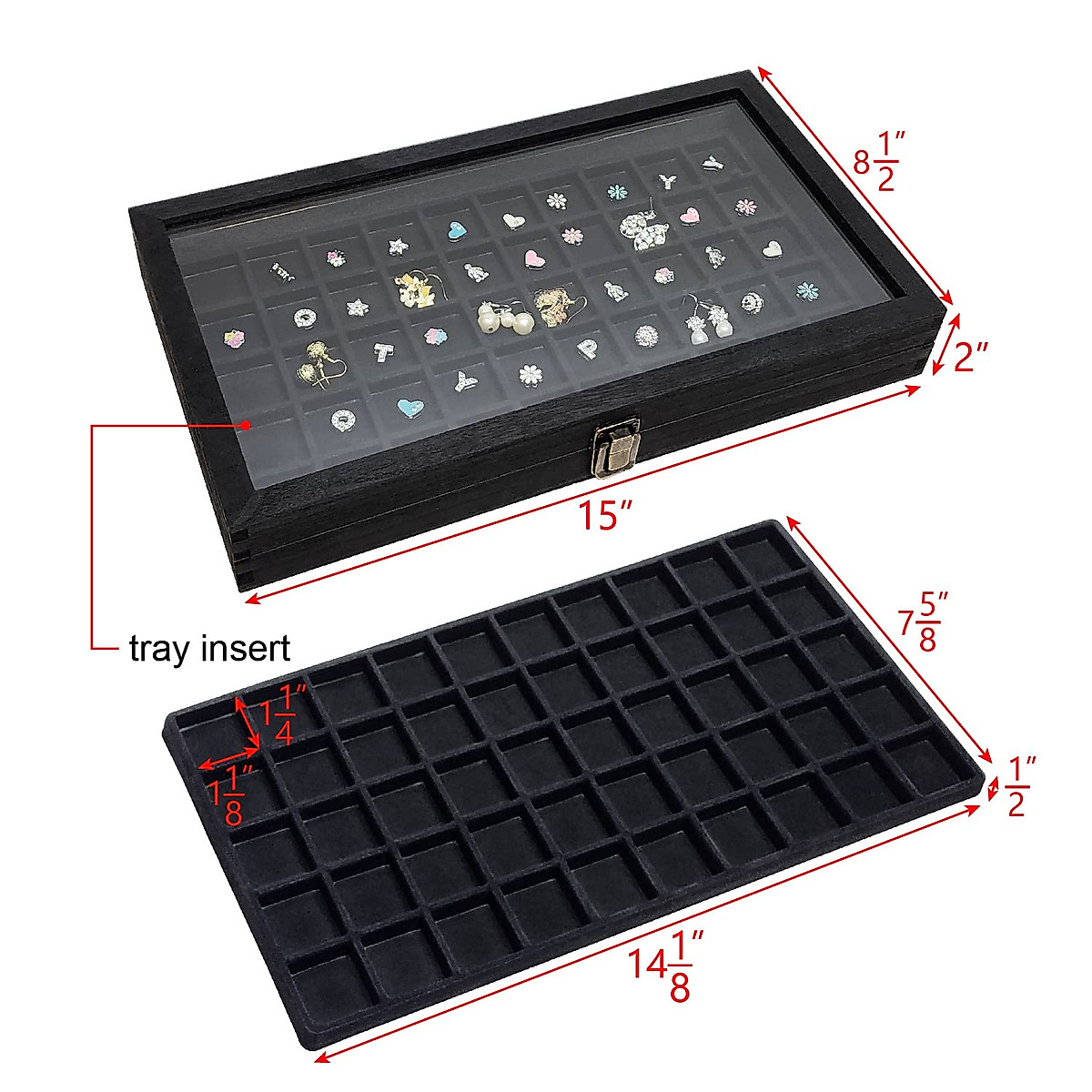 MOOCA Natural Wood Tempered Glass Top Jewelry Display Case Accessories Storage Box with Metal Clasp & Removable 50 Compartment Flocked Tray Liner, Wooden Jewelry Tray for Collectibles, Black