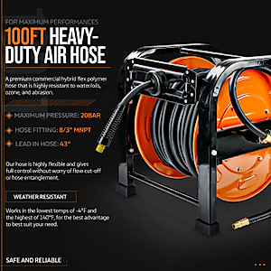 SuperHandy Retractable Air Hose Reel 3/8" x 100 Ft - 300 PSI, Heavy Duty Steel, Quad Pod, Corrosion Resistant, Commercial Flex Hybrid Polymer, Industrial Grade, Portable