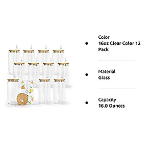 AGH 12 Pack 16oz Clear Sublimation Glass Blanks with Bamboo Lid, Sublimation Glass Cups Transparent Can Shaped Beer Cup with Lid and Straw, Straight Sublimation Tumblers for Iced Coffee Milk Juice