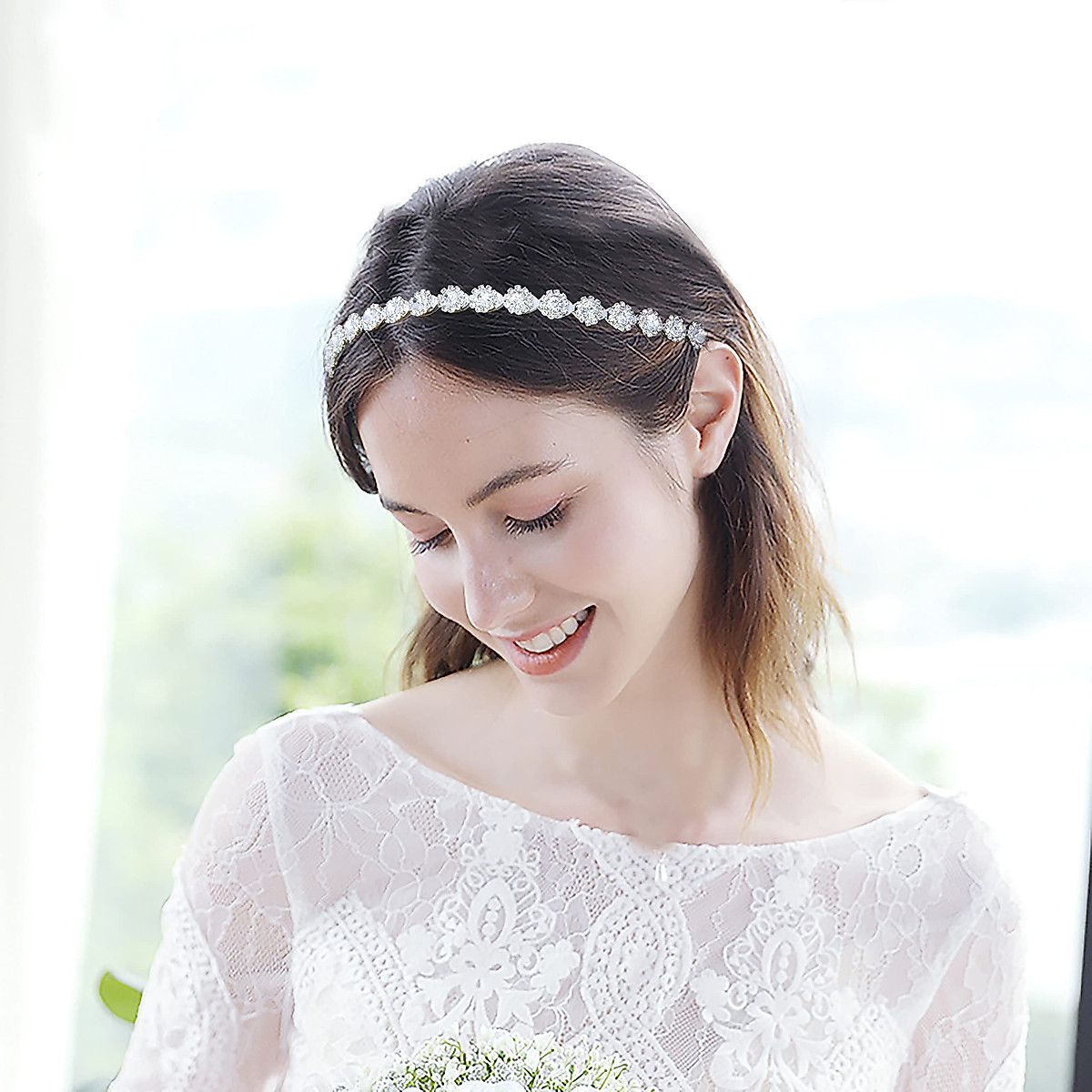 Oriamour Crystal Wedding Headband Bridal Headpiece Rhinestone Bridal Hair Accessories For Brides Flower Girl Bridesmaids Silver