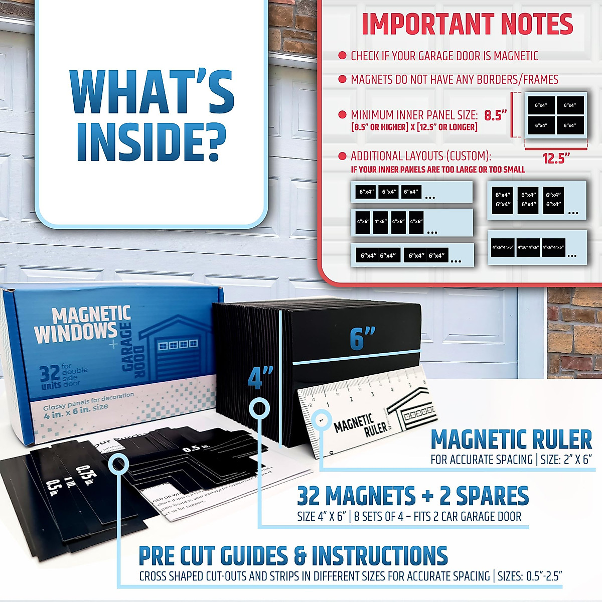 Strong & Glossy Magnetic Garage Door Windows - Looks Like Real Window Panels/Faux Panes - Decorative Hardware Kit - Easy to Align & Will Never Fall (Upgraded Magnets) | Fits 2 Car Garage | 32pcs 4"X6