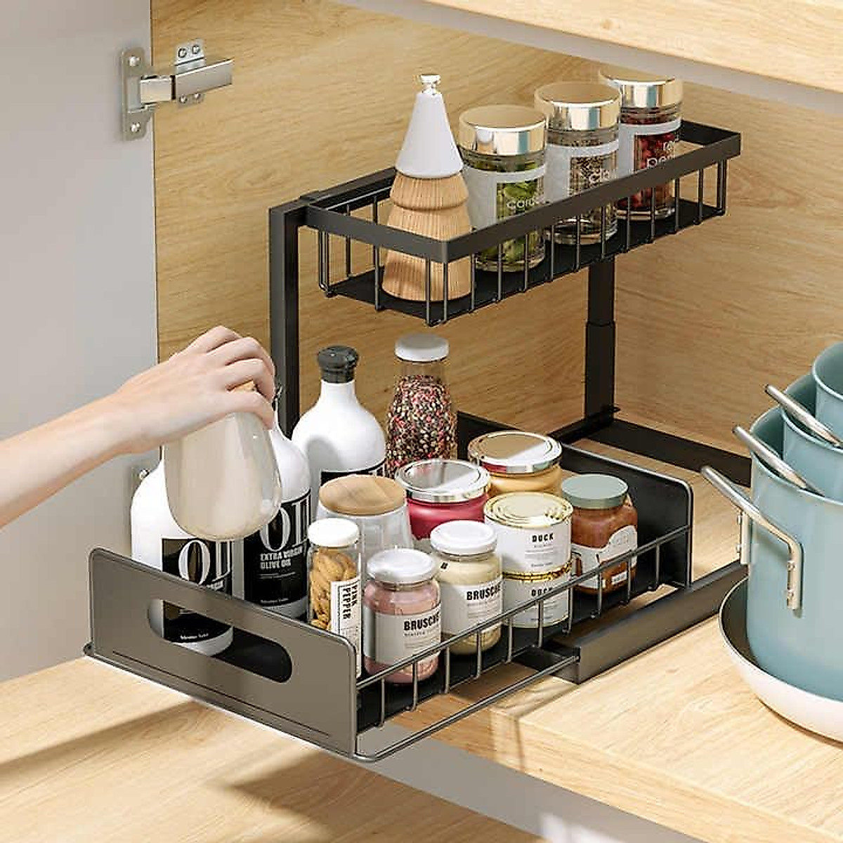 Under Sink Organizer and Storage for Kitchen Bathroom Cabinet - 2 Tier Slide Out Sink Shelf Cabinet Drawer - Store Large Items - No Drilling Rustproof Carbon Steel Shelf - Black - 1 Pack