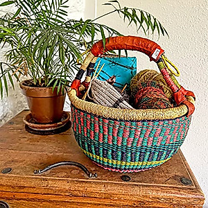 Deluxe Round Colorful African Basket - Medium 14" Round - by market women in Bolgatanga, Ghana with Africa Heartwood Project - GBMRC (Flat-packed)