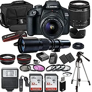 Paging Zone 2000D (Rebel T7) DSLR Camera Bundle with EF-S 18-55mm f/3.5-5.6 Lens + 500mm Preset Lens + 2pc SanDisk 32GB Memory Cards + Professional Kit