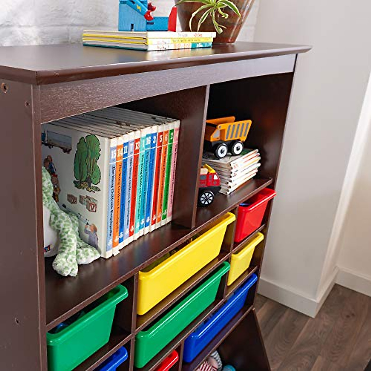 KidKraft Wooden Wall Storage Unit with 8 Plastic Bins and 13 Compartments, Espresso, Gift for Ages 3+