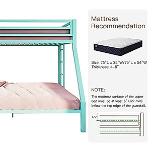 ikalido Metal Bunk Bed, Twin Over Full Size Beds with Sturdy Guard Rail & Removable Ladder, Space-Saving/Noise-Free/Aqua Green