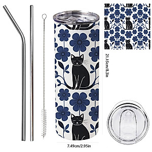 Medpol Cat and floral print tumbler with lid and straw 20 oz insulated tumbler cups Cat and floral print insulated travel coffee mugs for women cute sippy cups stainless insulated travel cups