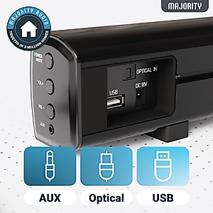 Majority Bowfell Small Sound Bar for TV with Bluetooth, RCA, USB, Opt, AUX Connection, Mini Sound/Audio System for TV Speakers/Home Theater, Gaming, Projectors, 50 watt, 15 inch