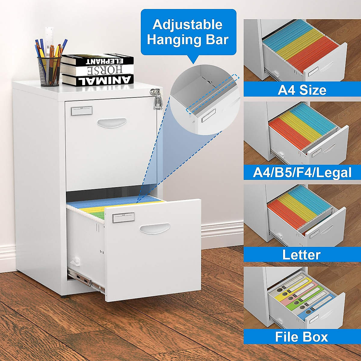2 Drawer Filing Cabinet with Lock, Vertical White Metal File Cabinet for Home Office, Modern Locking Steel File Storage Cabinet Narrow Files Cabinets for Hanging A4/Legal/Letter Size-Assembly Required