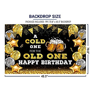 Allenjoy 70.8" x 43.3" Happy Birthday Backdrop for Men A Cold One for The Old One Black and Gold Photography Background 30th 40th 50th Bday Beer Party Decoration Banner Supplies Photo Booth Props
