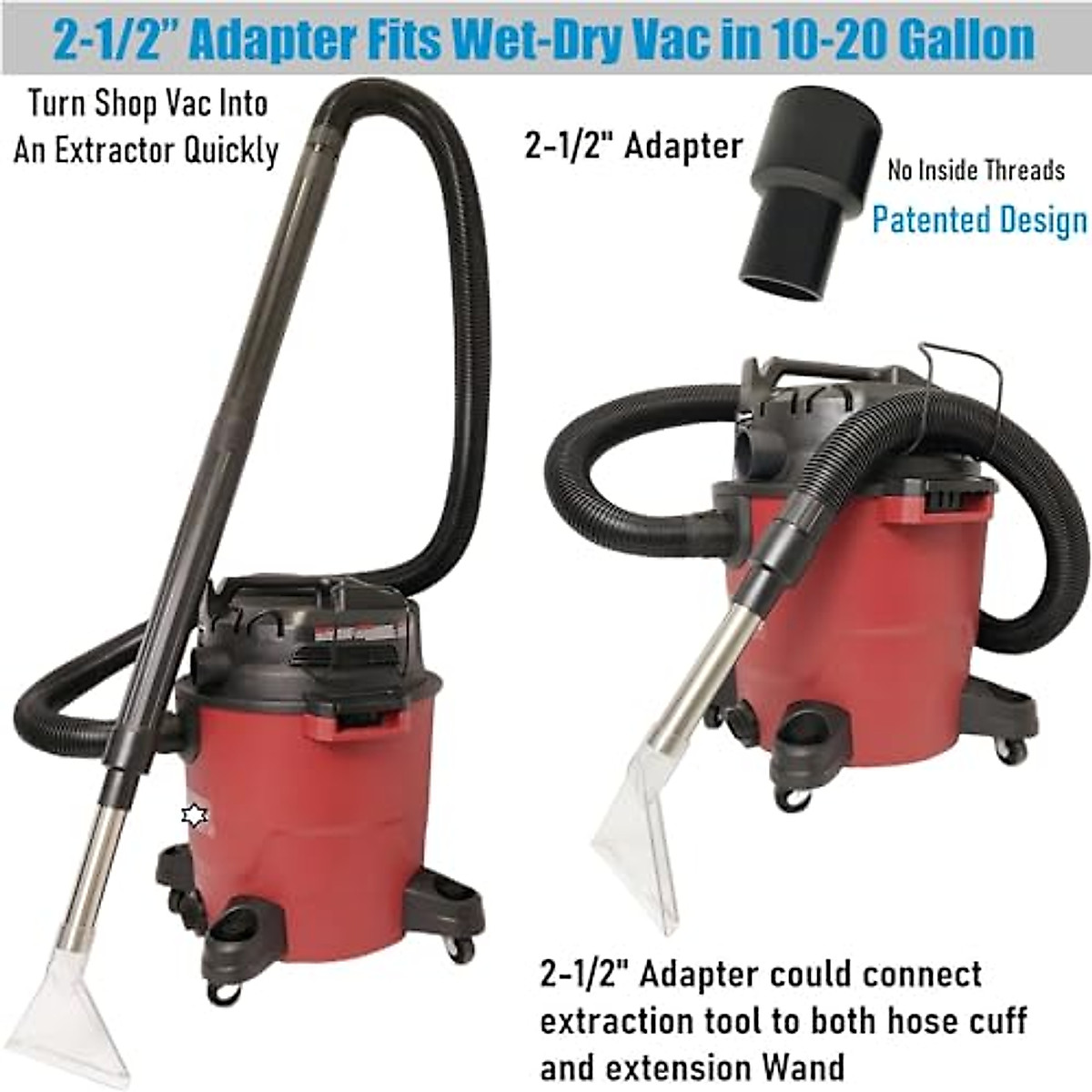 Happy Tree Universal Fit All Shop Vacs with1-1/4 &1-7/8" & 2-1/2" Adapters, Large & Small Clear Extractor Accessory for Upholstery & Carpet Cleaning and Car Detailing, Shop Vac Extraction Attachment