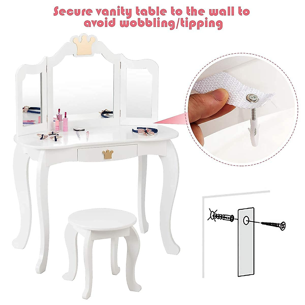 HONEY JOY Kids Vanity, Crown Themed Toddler Dressing Makeup Table and Chair Set w/Drawer & Tri-Folding Mirror, Detachable Mirror, Princess Pretend Play Girls Vanity Set with Mirror and Stool(White)