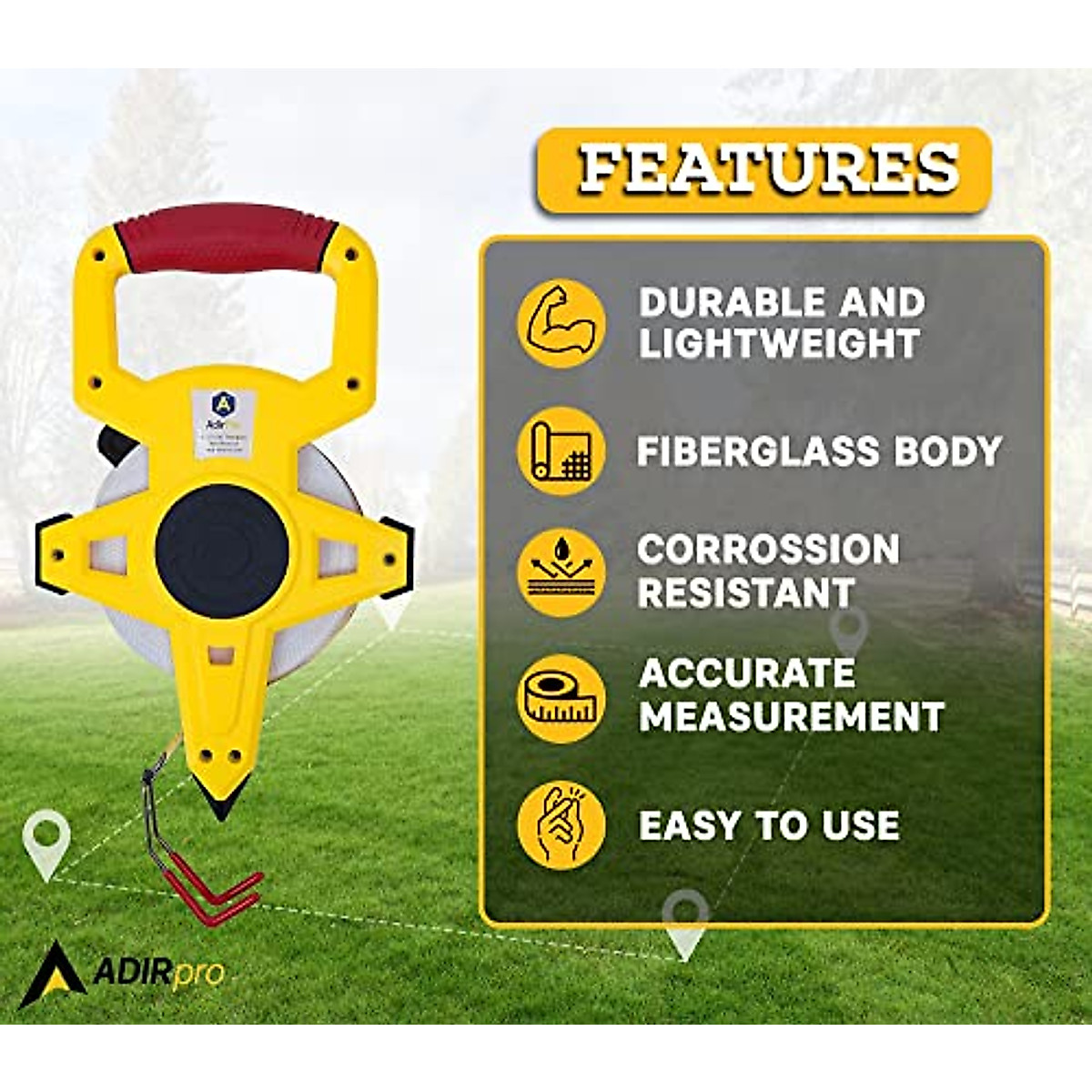AdirPro Fiberglass 100' Appraiser’s Measuring Tape Tape Rule with Extra Large Metal End Hook for Precise Measurements, Perfect for Appraisers, Surveyors, Landscapers