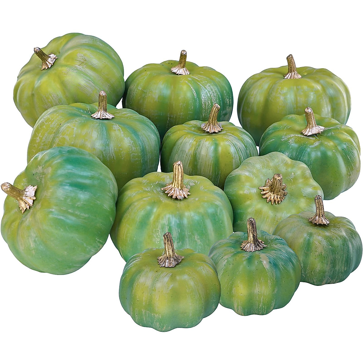 12 Pcs Assorted Small Artificial Green Pumpkins Rustic Harvest Decorative Pumpkins Foam Pumpkins for Fall Wedding Baby Shower Halloween Thanksgiving Table Centerpiece Mantel Farmhouse Décor