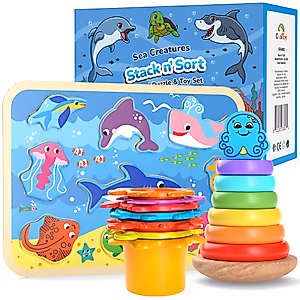 CoolToys Stack n’ Sort Toddler and Baby Learning Toys Set - 3 Fine Motor Skills Educational Toys for Toddlers, Wooden Stacking Rings, Stacking & Nesting Cups, Wooden Baby Puzzle, Ocean Theme