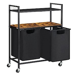 Double Laundry Hamper, Laundry Sorter 2 Section with Shelf Laundry Basket Organizer with Wheels Dirty Clothes Hampers with 2 Pull-Out and Removable Bags Clothes Hampers for Laundry Room, Rustic Brown